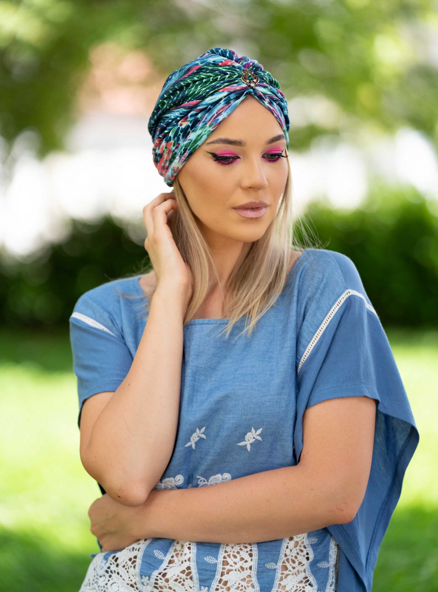 Turban aqua colorat subtire-mediu • Turbane Femei si Bebelusi 2025